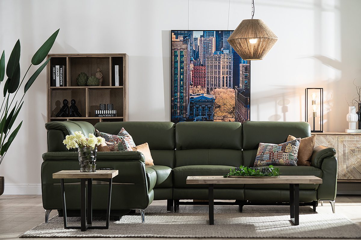 Taylor Green Leather LHF Electric Recliner Corner Sofa with Head Tilt ...