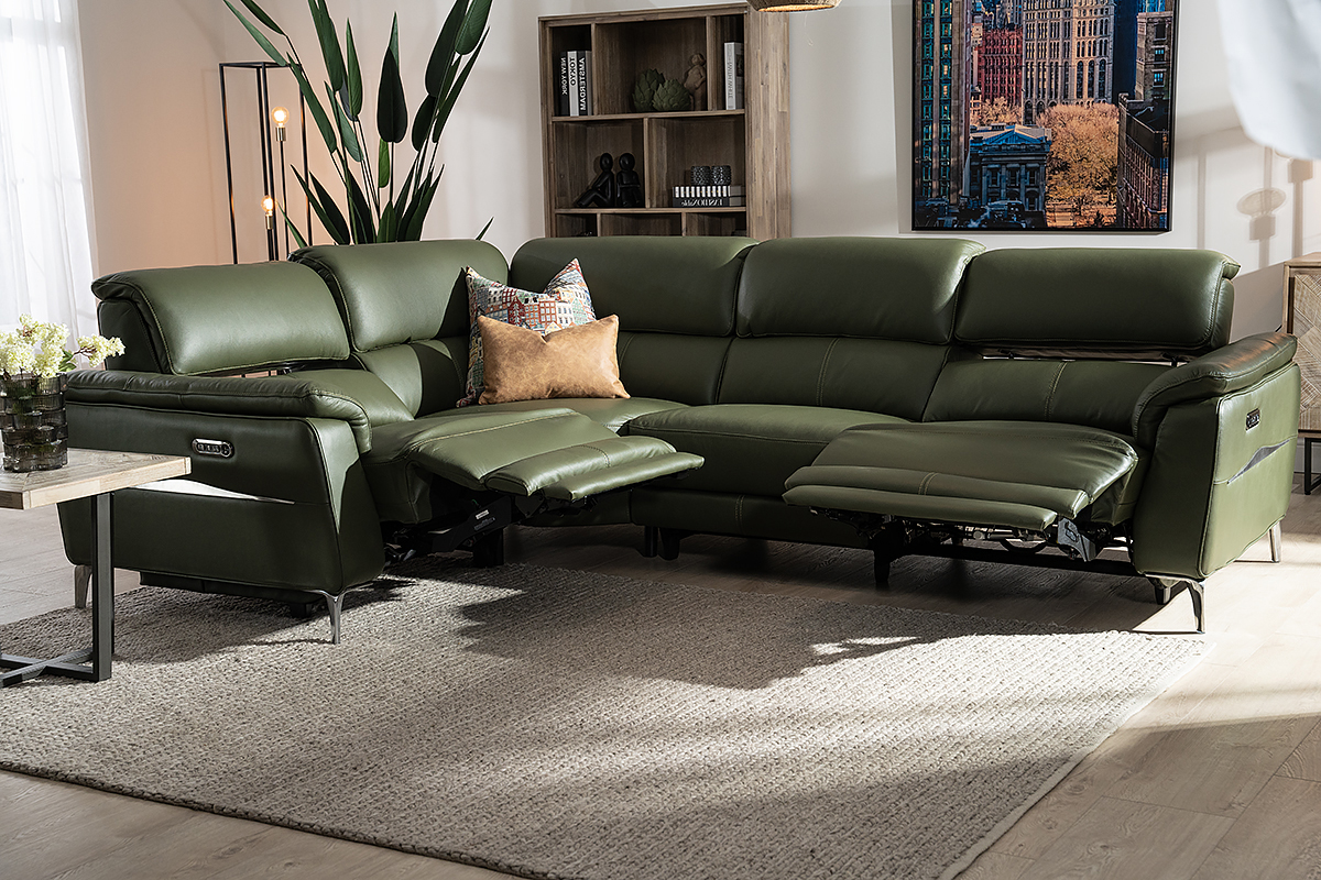 Taylor Green Leather LHF Electric Recliner Corner Sofa with Head Tilt ...