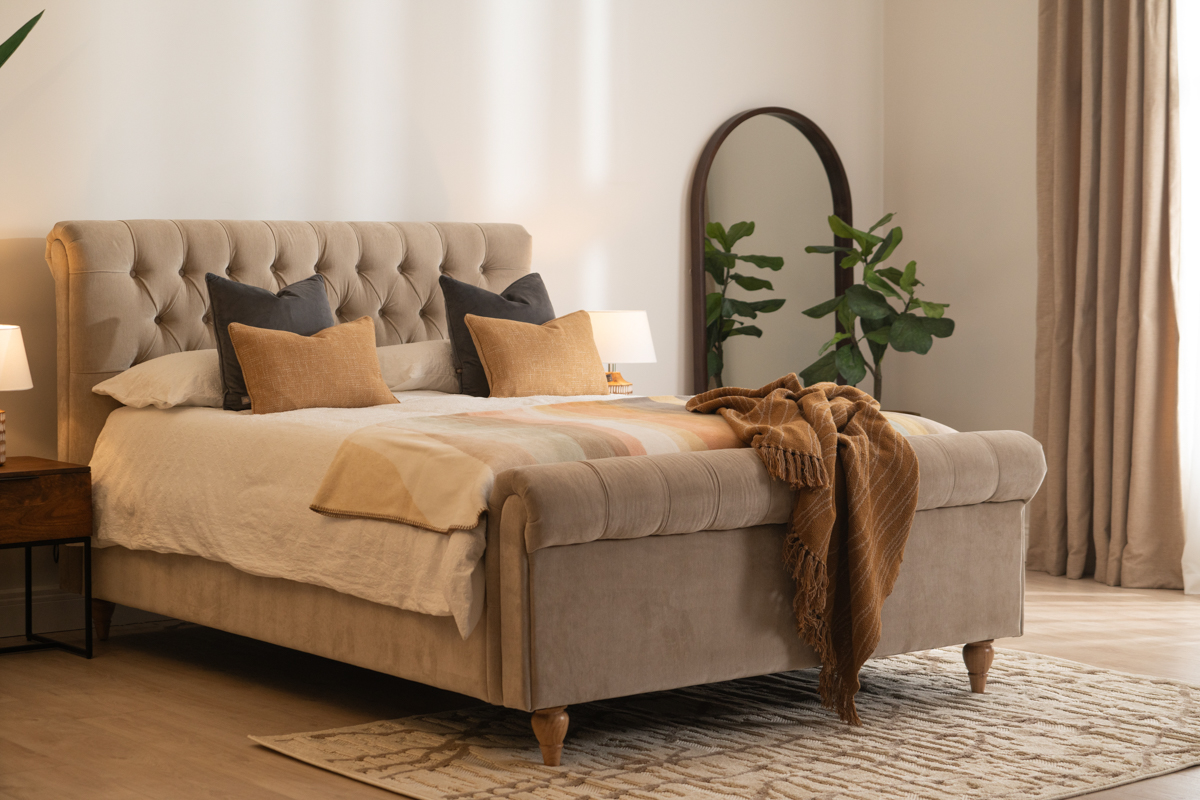 Harrison Taupe Fabric King 5' Side Storage Bed Frame - Michael Murphy Home Furnishing